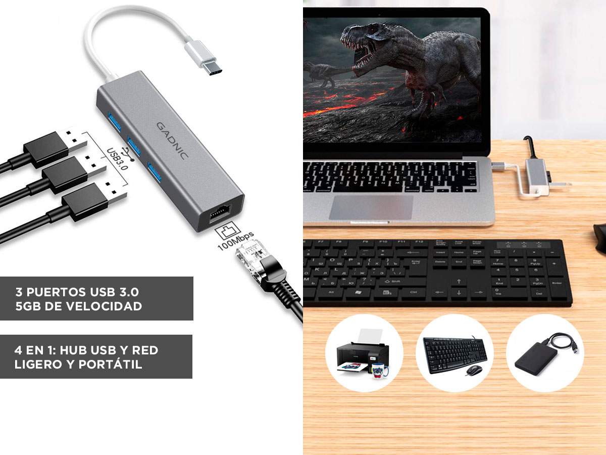 Adaptador Usb Tipo C A Rj45 Ethernet Red Lan + Usb 3.0 Gadnic HB-RJ26 ...