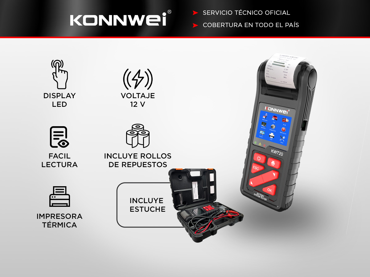 Analizador de Baterías Konnwei Kw720 Con Impresora y Display 6v-30v Rollos | Bidcom