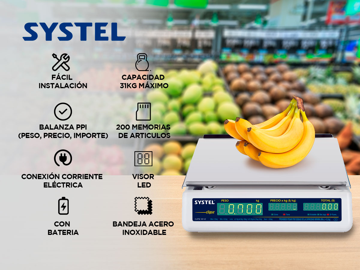 Balanza Comercial Systel Clipse Bateria 31kg Bandeja Acero Inox 200 ...