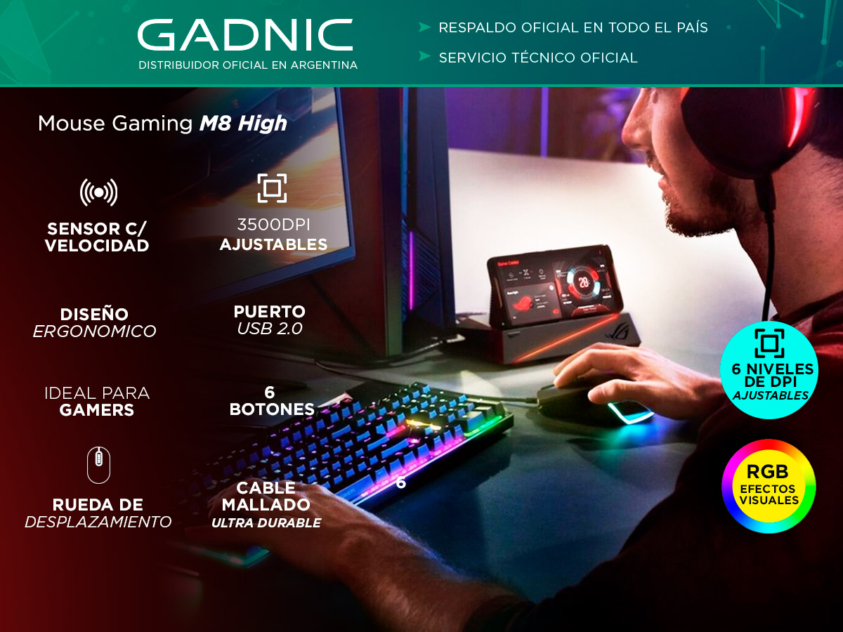 Mouse Gamer Gadnic M8 High 6 Botones RGB USB | Gadnic