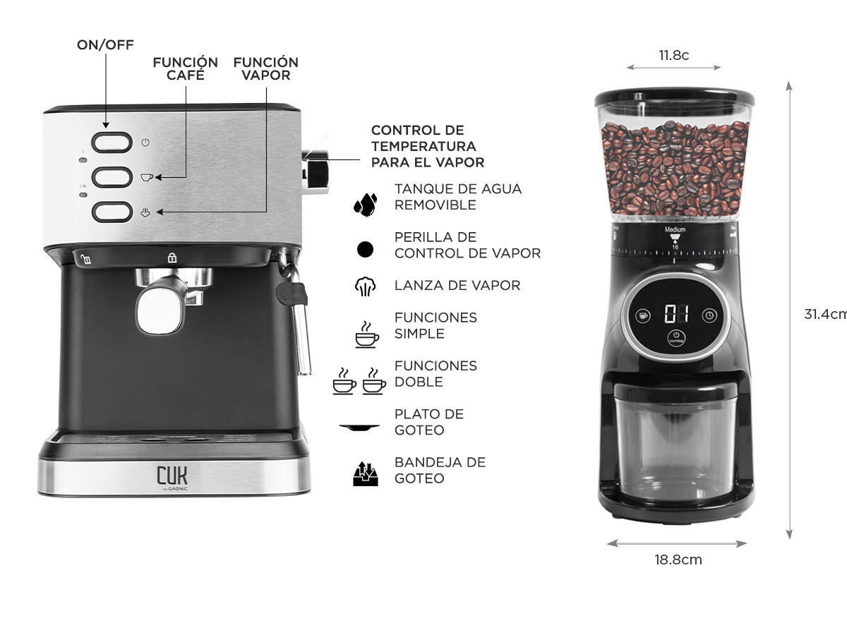 Kit Cafetera Express CME04 Molinillo De Cafe Profesional | Gadnic