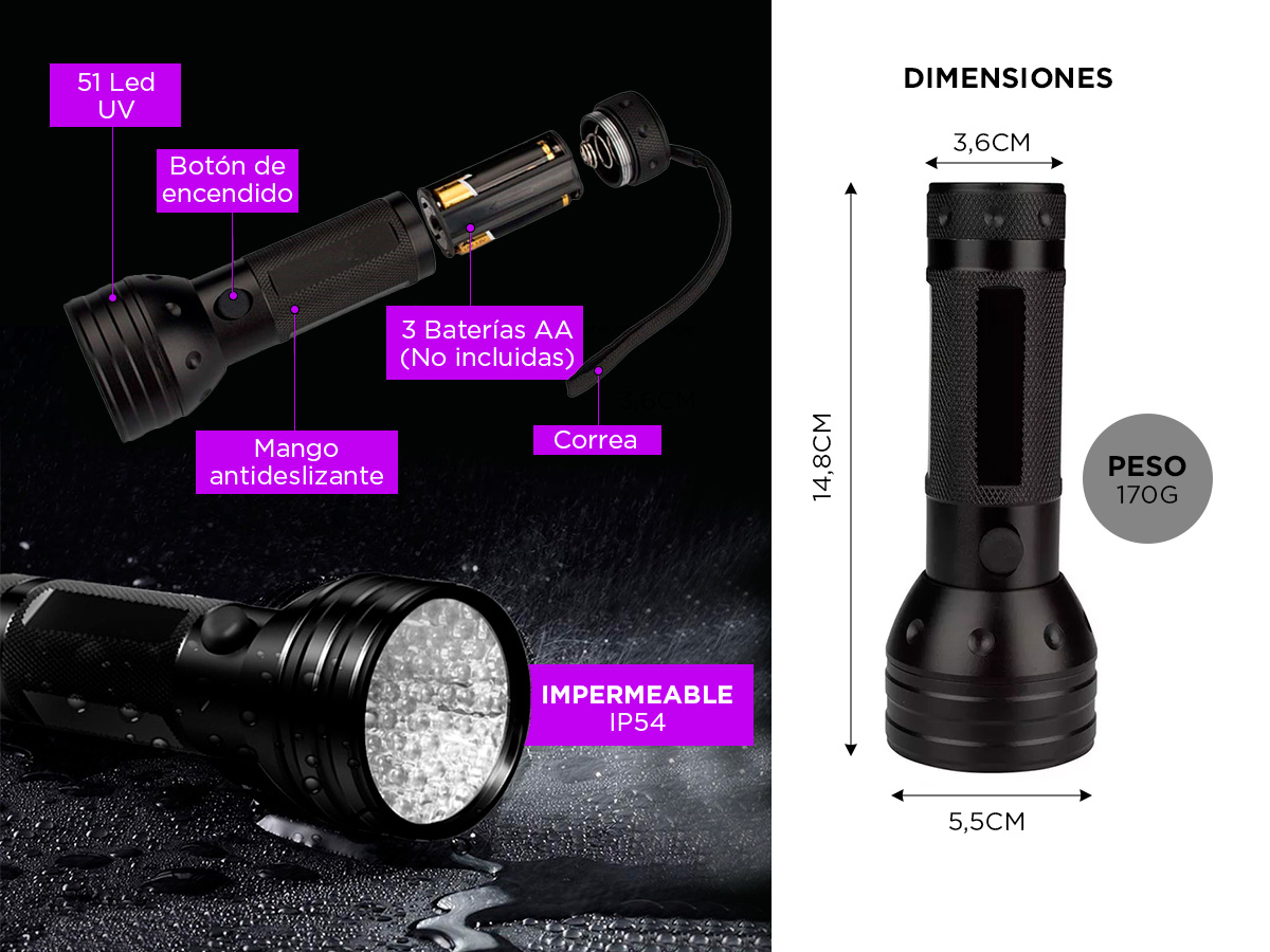 Linterna 51 LED UV Gadnic L32F Lámpara UV Detector Luz Negra | Gadnic