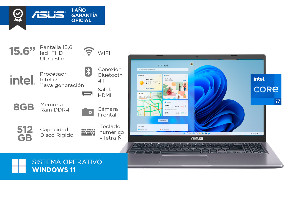 Notebook Asus 15.6" Intel Core i7 8GB RAM 512GB Windows 11 91X515EA ...