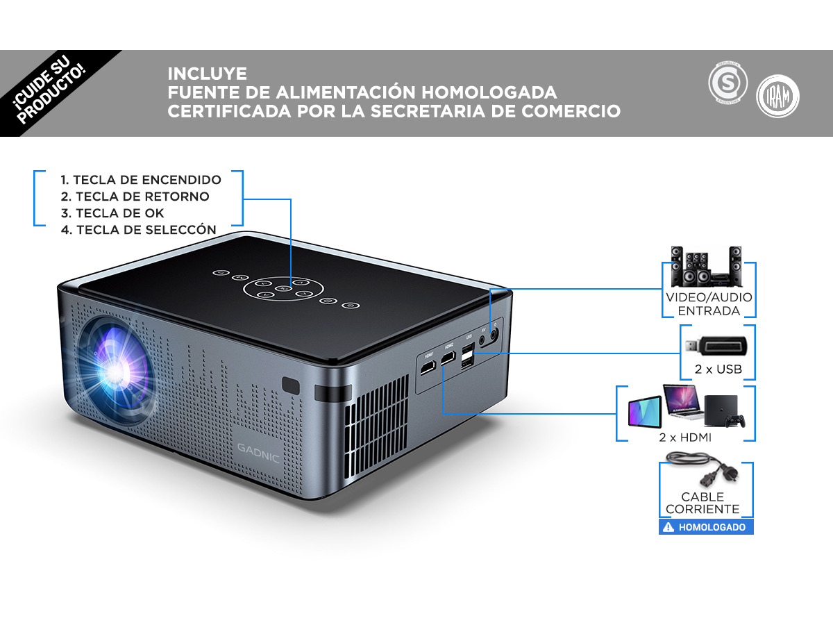 Proyector Gadnic Full HD 1080p LED 8000 Lúmenes WiFi Bluetooth | Gadnic