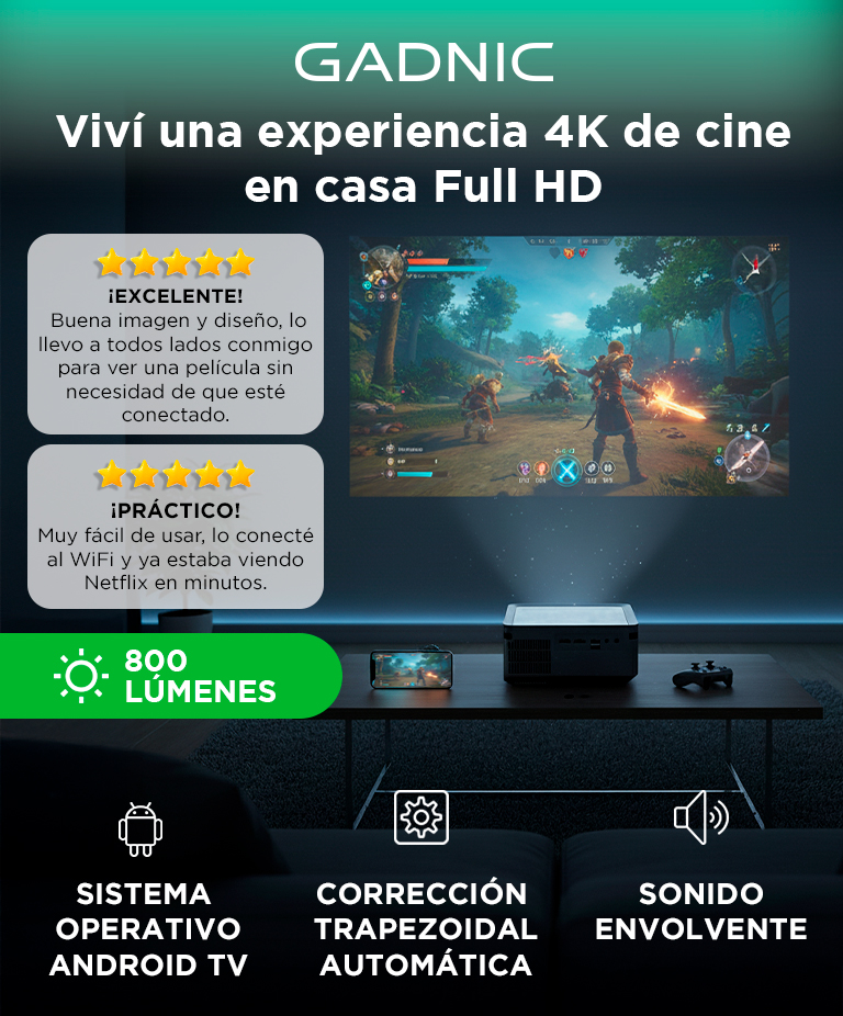 Proyector Gadnic Full HD 1080p LED 8000 Lúmenes WiFi Bluetooth | Gadnic