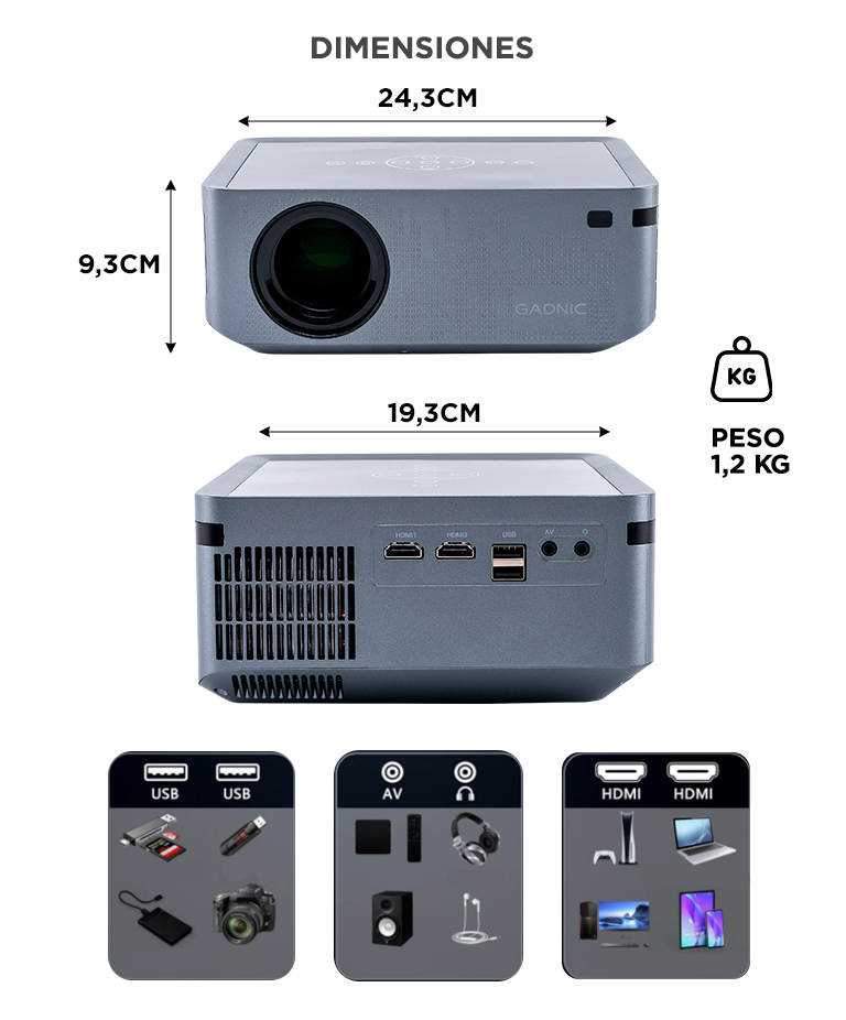 Proyector Gadnic Full HD 1080p LED 8000 Lúmenes WiFi Bluetooth | Gadnic